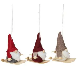 NORTHLIGHT S/3 Red & Gray Skiing Gnome Christma Ornaments