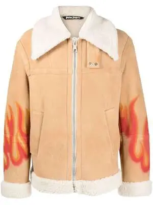 Palm Angels Flames Sherpa Trucker Jacket - Neutrals