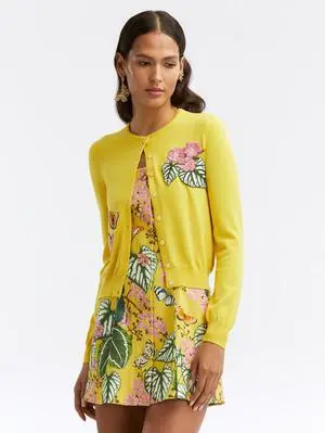 Oscar De La Renta Mixed Botanical Threadwork Cardigan Daffodil