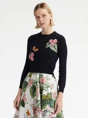 Oscar De La Renta Mixed Botanical Threadwork Cardigan Navy