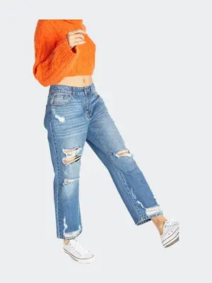 ENJEAN ‘90s High Rise Heavily Distressed Boyfriend Jeans - Blue