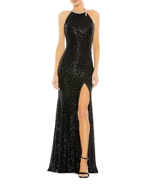 Mac Duggal Sequined High Neck Column Gown - Black