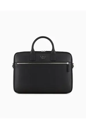 Emporio Armani Saffiano Leather Business Bag With Eagle Plate - Black