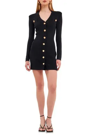Endless Rose Padded Shoulder Sweater Mini Dress - Black
