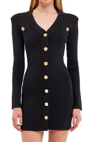 Endless Rose Padded Shoulder Sweater Mini Dress - Black