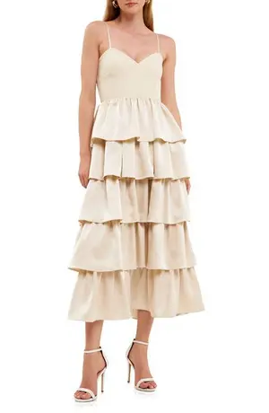 Endless Rose Tiered Satin Midi Dress - Taupe