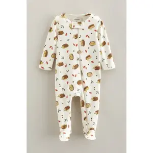 Nordstrom Print Zip Cotton Footie - Ivory Egret Autumn Hedgehogs