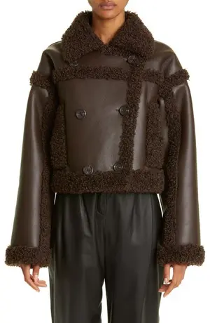 STAND STUDIO Kristy Double Breasted Faux Leather Crop Jacket With Faux Shearling Trim