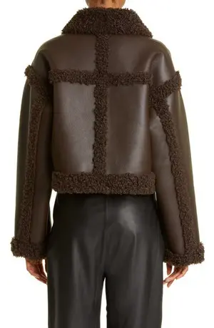 STAND STUDIO Kristy Double Breasted Faux Leather Crop Jacket With Faux Shearling Trim