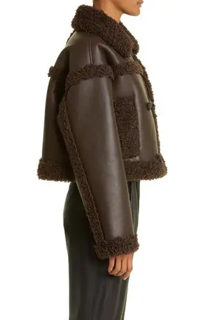 STAND STUDIO Kristy Double Breasted Faux Leather Crop Jacket With Faux Shearling Trim