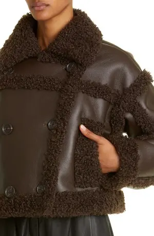 STAND STUDIO Kristy Double Breasted Faux Leather Crop Jacket With Faux Shearling Trim