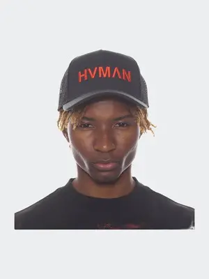 HVMAN Mesh Trucker Cap In Black With Red Logo - Black