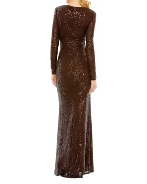 Mac Duggal Sequined Faux Wrap Gown - Chocolate