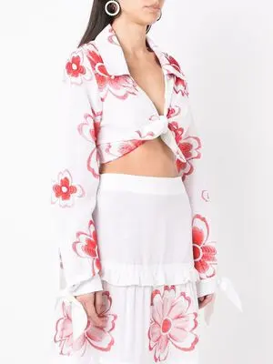 AMIR SLAMA Floral-embroidered Cropped Shirt