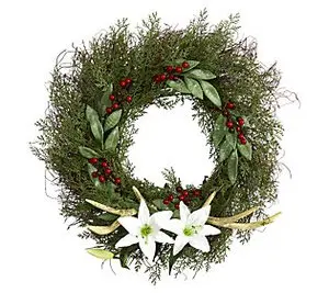 NEARLY NATURAL 20' Cedar Antlers Lily & Ruscus W Berries Wreath - One-color