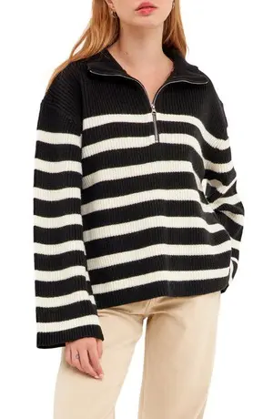 English Factory Striped Half-zip Sweater - Black/white