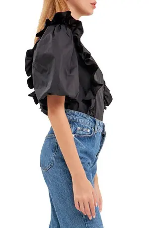 English Factory Double Ruffle Puff Sleeve Blouse - Black