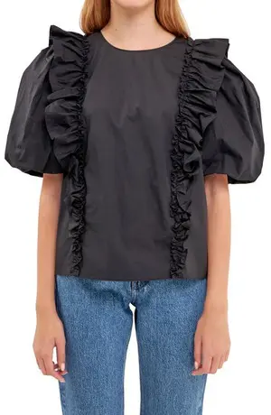 English Factory Double Ruffle Puff Sleeve Blouse - Black