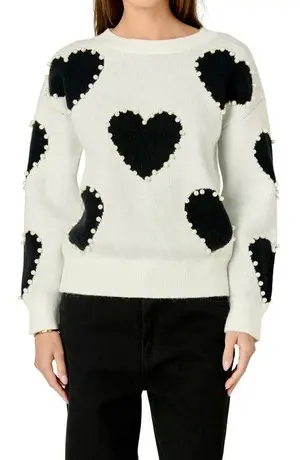 English Factory Heart Imitation Pearl Sweater - Black Multi