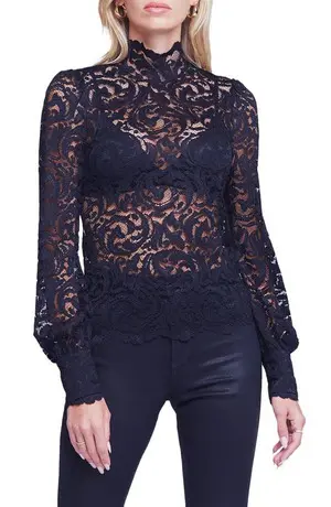 L'Agence Sheer Lace Bishop Sleeve Blouse