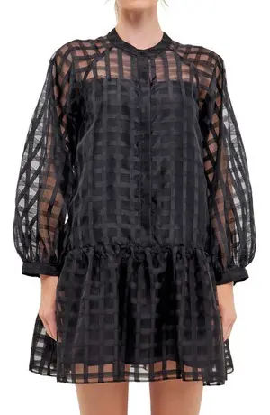 English Factory Check Long Sleeve Organza Dress