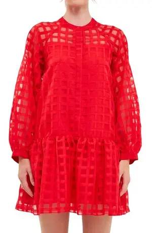 English Factory Check Long Sleeve Organza Dress - Red