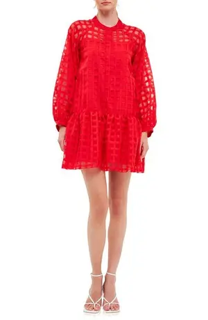 English Factory Check Long Sleeve Organza Dress - Red