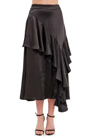 Endless Rose Satin Maxi Skirt With Ruffle Detail - Black
