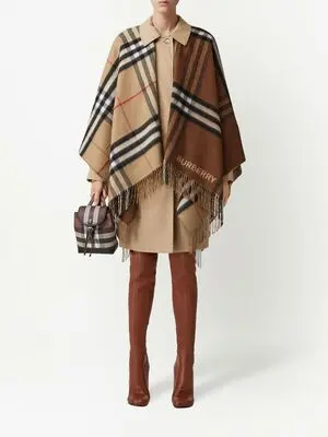 Burberry Contrast Check Fringed Cape - Brown