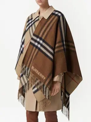 Burberry Contrast Check Fringed Cape - Brown