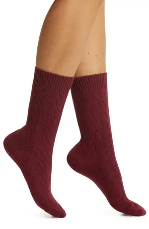 Oroblu Gwen Cable Knit Wool Blend Crew Socks Bordeaux