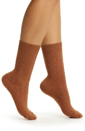 Oroblu Gwen Cable Knit Blend Crew Socks - Caramel