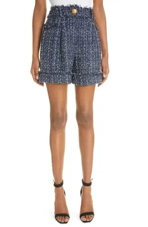Balmain Pleated Tweed Shorts - Multi-blue