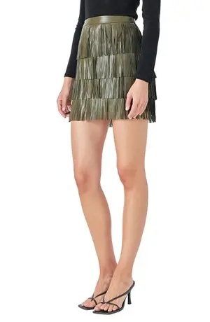 Endless Rose Fringe Tiered Faux Leather Mini Skirt - Olive