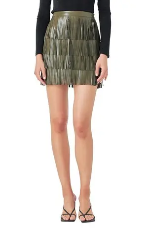 Endless Rose Fringe Tiered Faux Leather Mini Skirt - Olive