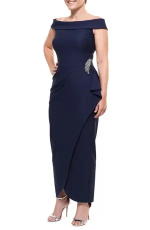 Alex Evenings Off-the-shoulder Side-swept Gown - Navy
