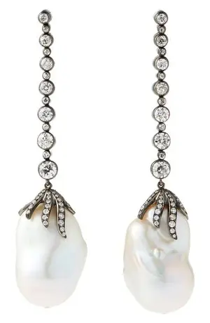 MINDI MOND Freshwater Pearl & Diamond Drop Earrings - 18k Dark Rhodium