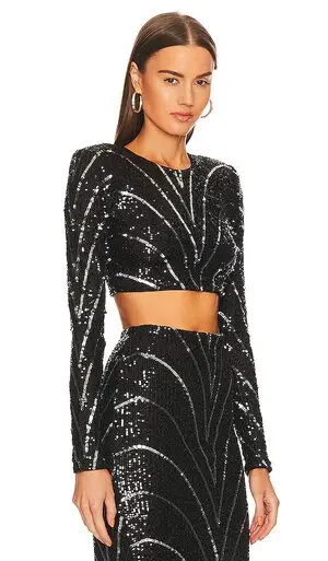 MICHAEL COSTELLO X Sequined Embellished Crop Top With Padded Shoulders