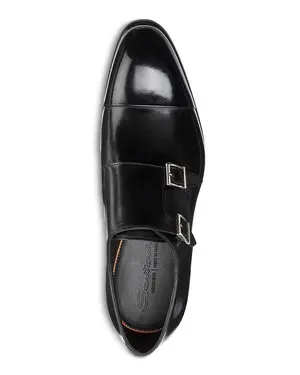 Santoni Carter Cap Toe Double Monk Strap Shoes - Black