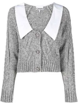 GANNI Contrasting-collar Cable-knit Cardigan