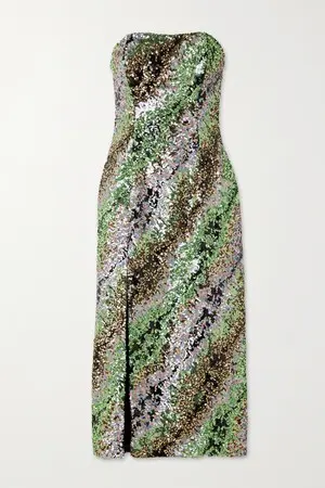 Halpern Strapless Sequined Tulle Midi Dress