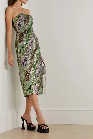 Halpern Strapless Sequined Tulle Midi Dress