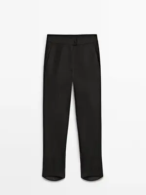 Massimo Dutti Black Cropped Trousers With Uneven Hems - Black