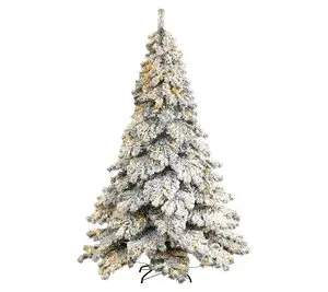 NEARLY NATURAL 7' Flocked Austria Fir Tree W/40 Lights - One-color