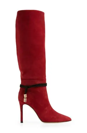 BEAUTIISOLES Pointed Toe Knee High Boots - Dark Red Suede
