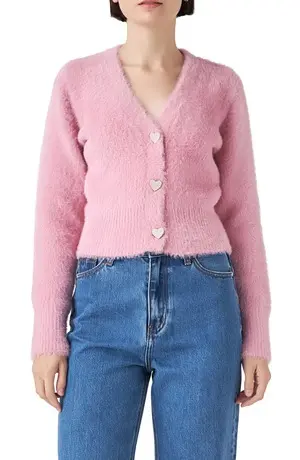 English Factory Pearly Heart Button Sweater - Pink