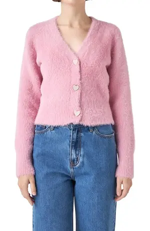 English Factory Pearly Heart Button Sweater - Pink