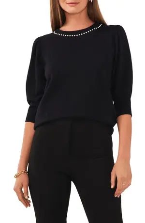 Chaus Chaus Beaded Collar Puff Sleeve Sweater Rich Black