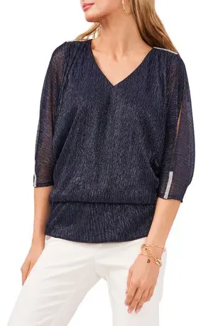 Chaus Metallic V-neck Blouse - Navy