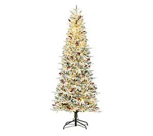 HAUTE DECOR 7' Lexington Pre-lit Flocked Slim Tree Wberry Tip - One-color